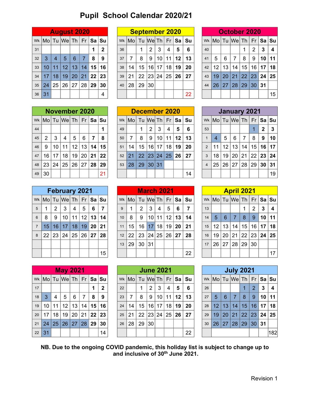Pupil School Calendar
