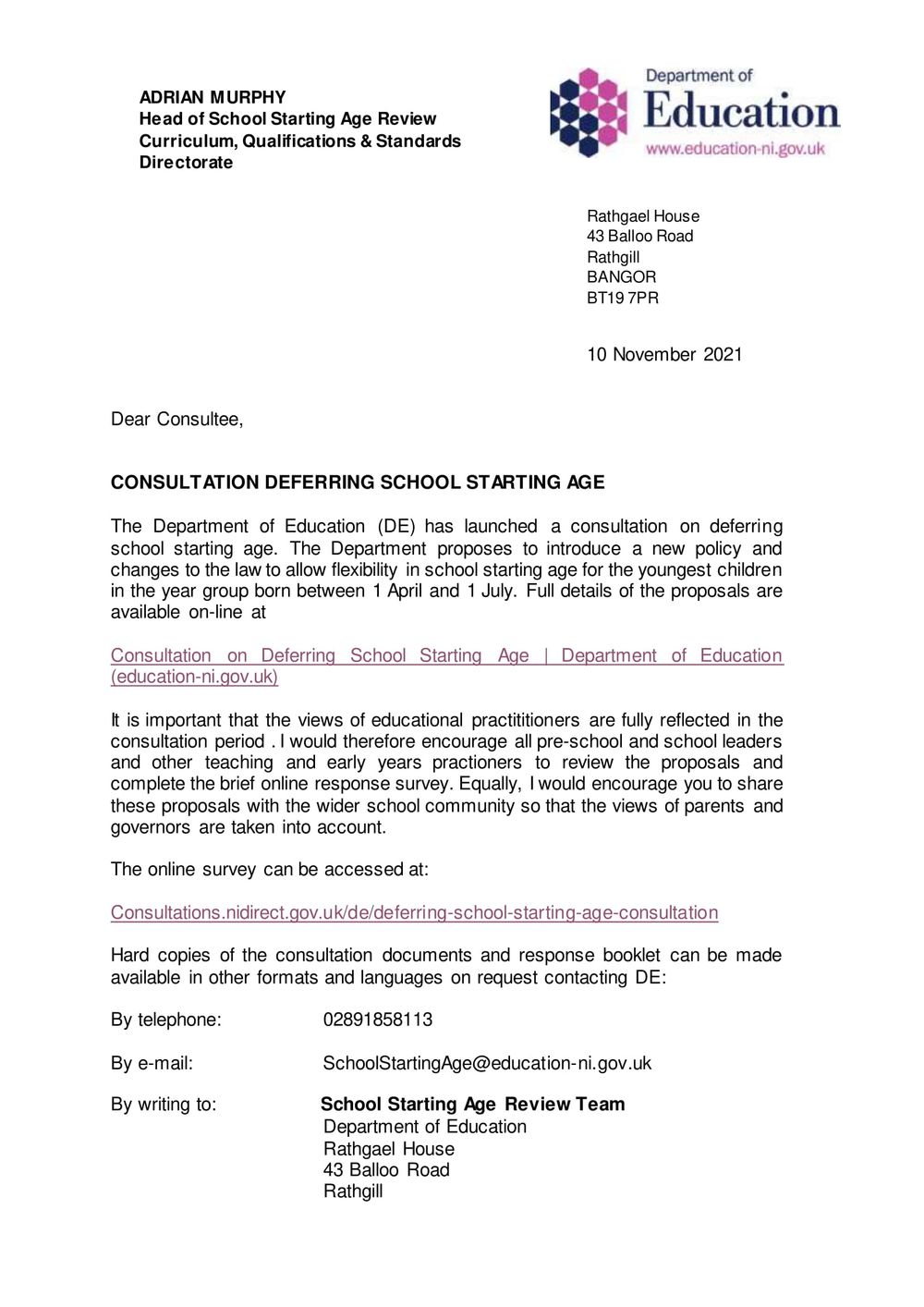 DofE - Letter to Consultee - Consultation on Deferral of School ...