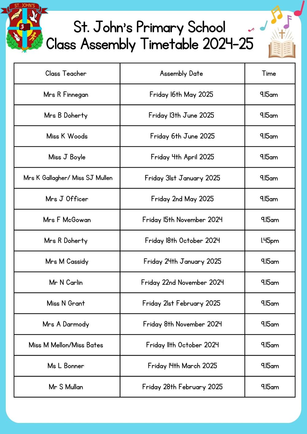 Class Assembly Timetable 2024-2025