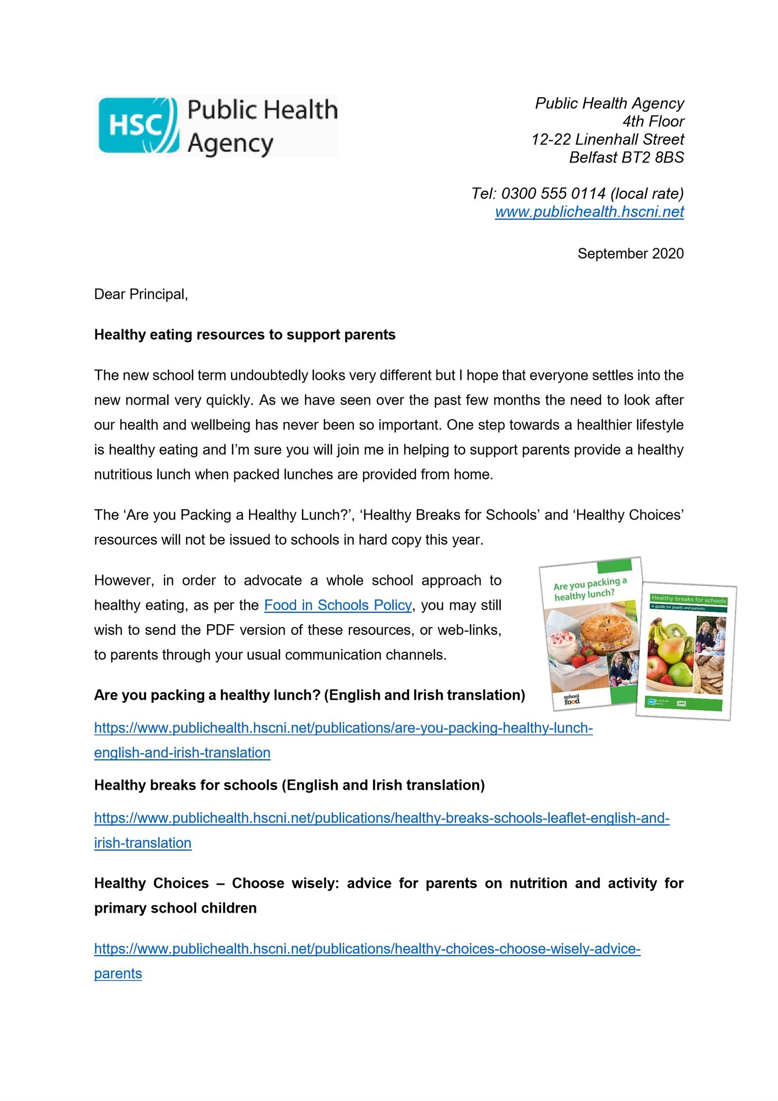 Packed lunch and healthy breaks guidance - Letter to Schools
