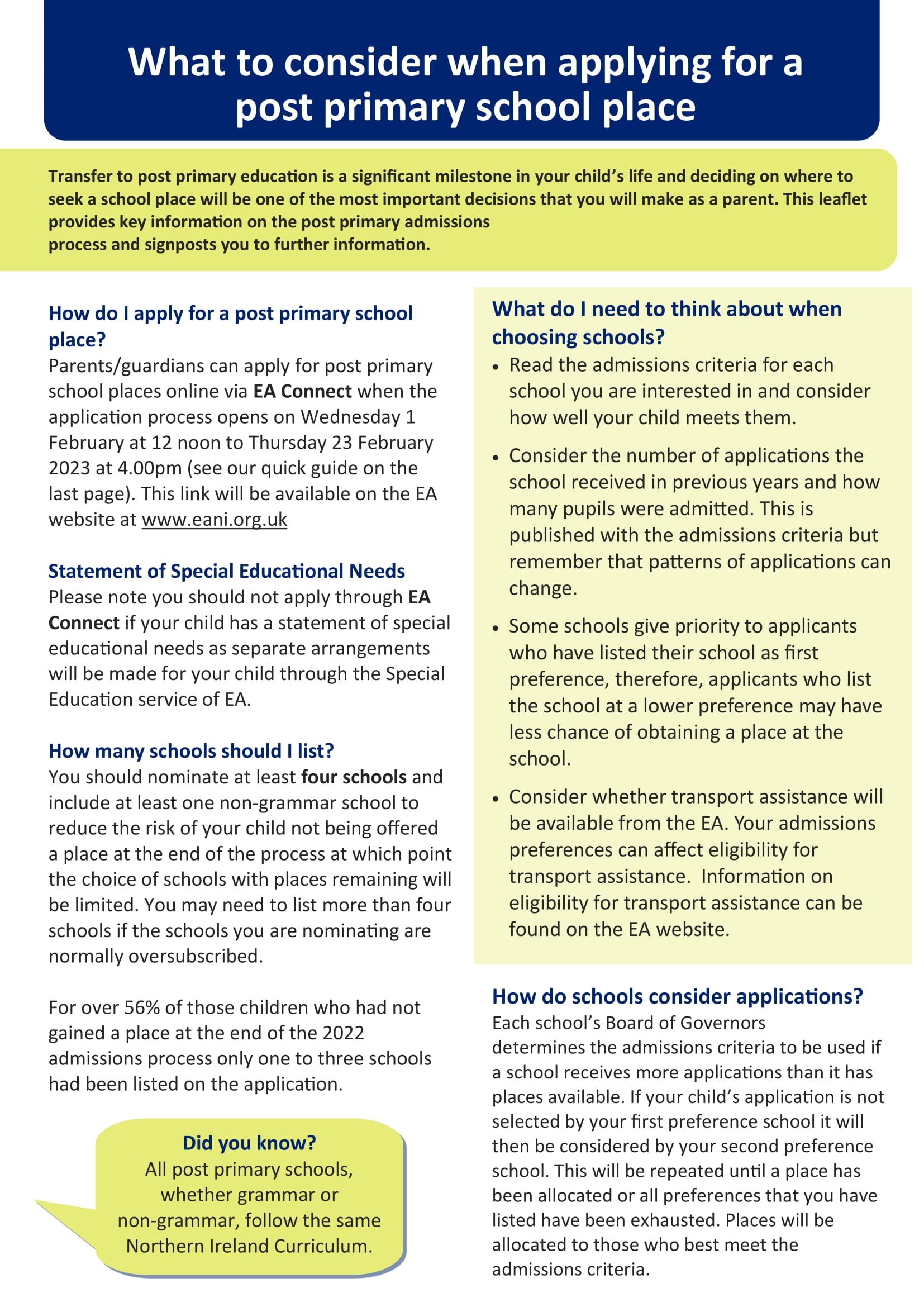 EA Letter - Applying for a Year 8 Post Primary Place