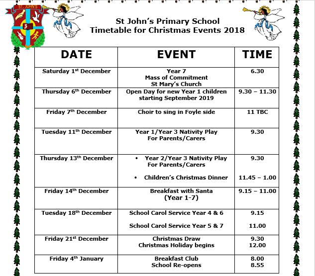 Christmas Events Timetable 2018