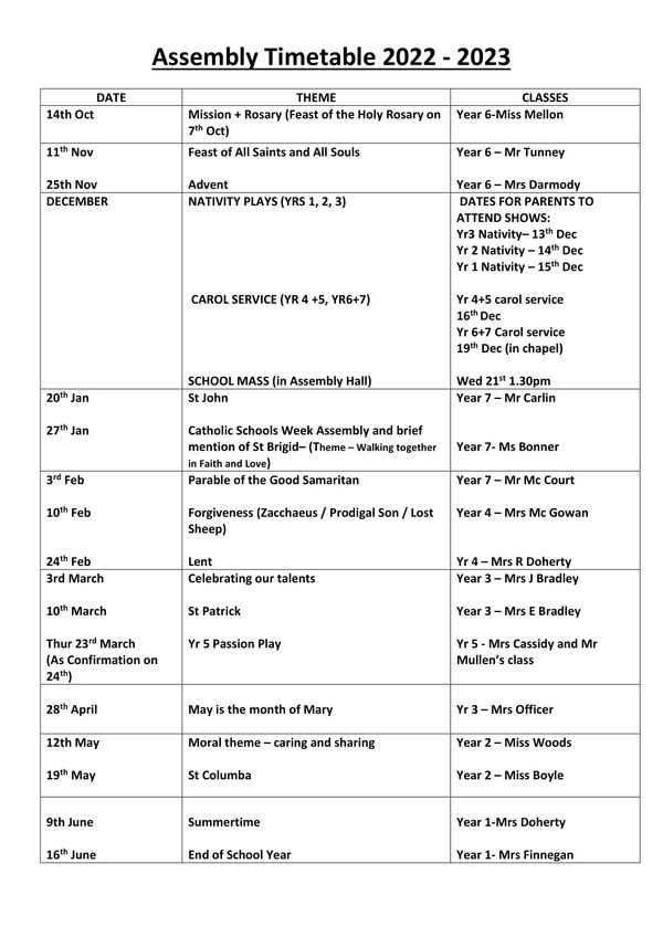 Assembly Timetable 2022 - 2023