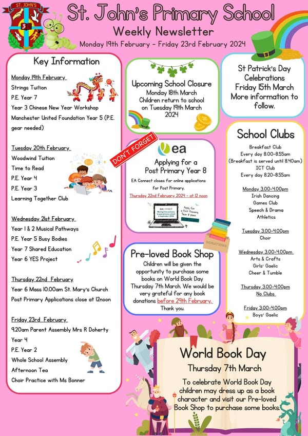Weekly Newsletter Week Beginning Monday 19th February 2024